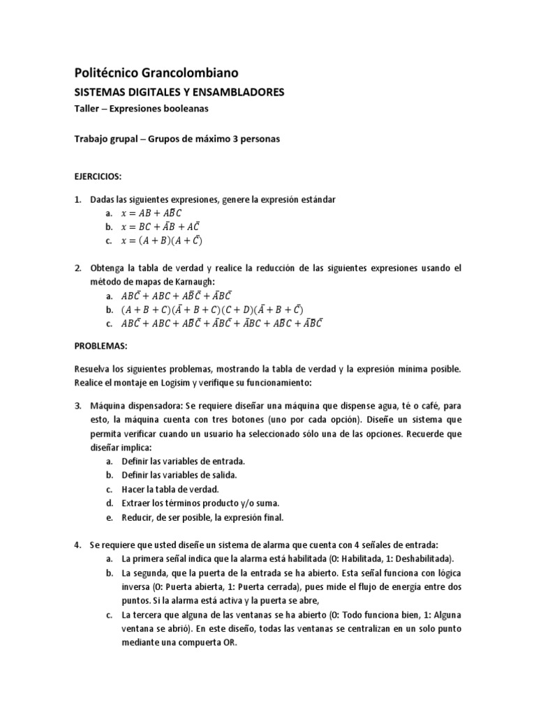 Taller 3 - Expresiones Booleanas | PDF | Álgebra de Boole | Enseñanza ...