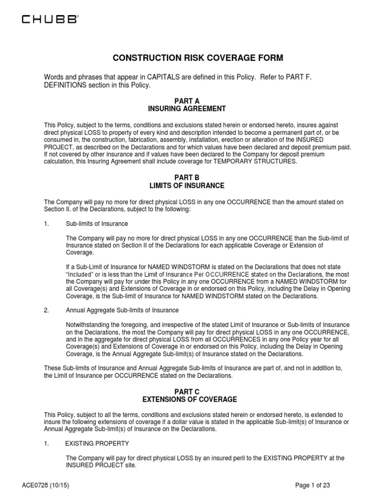 Westchester Construction Risk Coverage Form | PDF | Deductible | Insurance