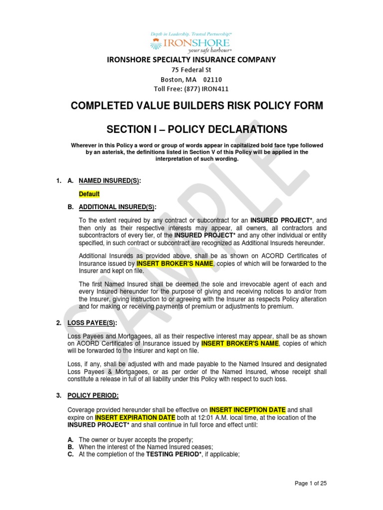 Ironshore - Completed Value Builders Risk Form 2012 Rev 1 2-9-12 | PDF ...