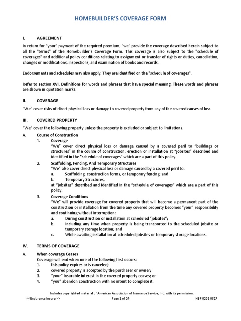 Sompo - HBF 0201 0817 Homebuilders Coverage Form 1 | PDF | Insurance ...
