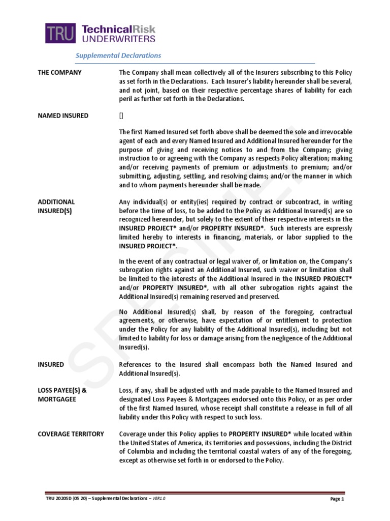 Tru 2020 05 20 Specimen | PDF | Deductible | Liability Insurance