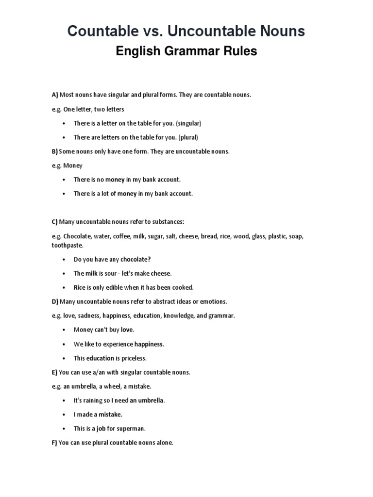 Countable vs Uncountable Nouns Guide | PDF | Noun | Baggage
