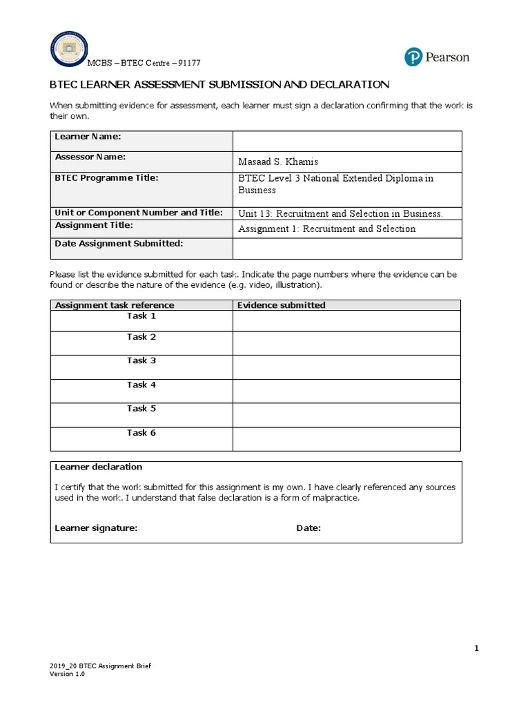 Btec Learner Assessment Submission and Declaration | PDF | Interview | Recruitment