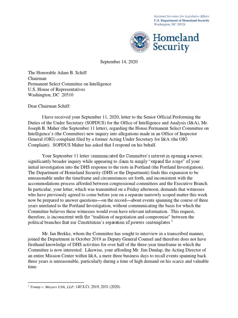 DHS Response To Adam Schiff Regarding Brian Murphy | PDF