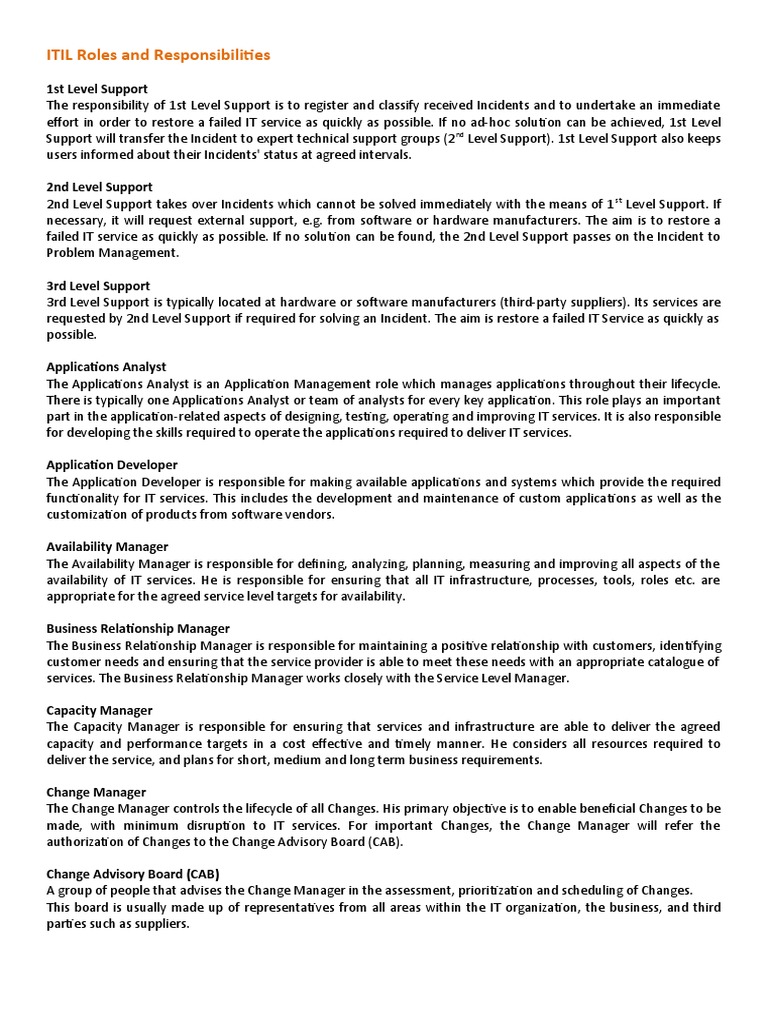 ITIL Roles and Responsibilities | PDF | Information Security | Itil