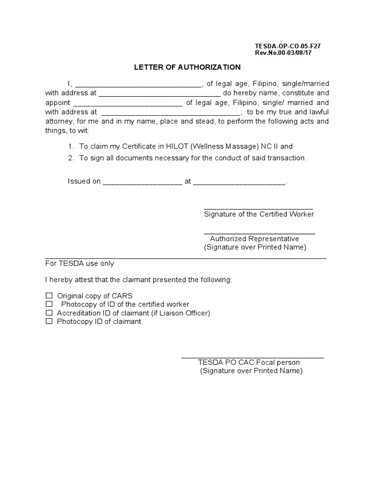 TESDA OP CO 05 F27 Letter Of Authorization PDF Civil Law Common