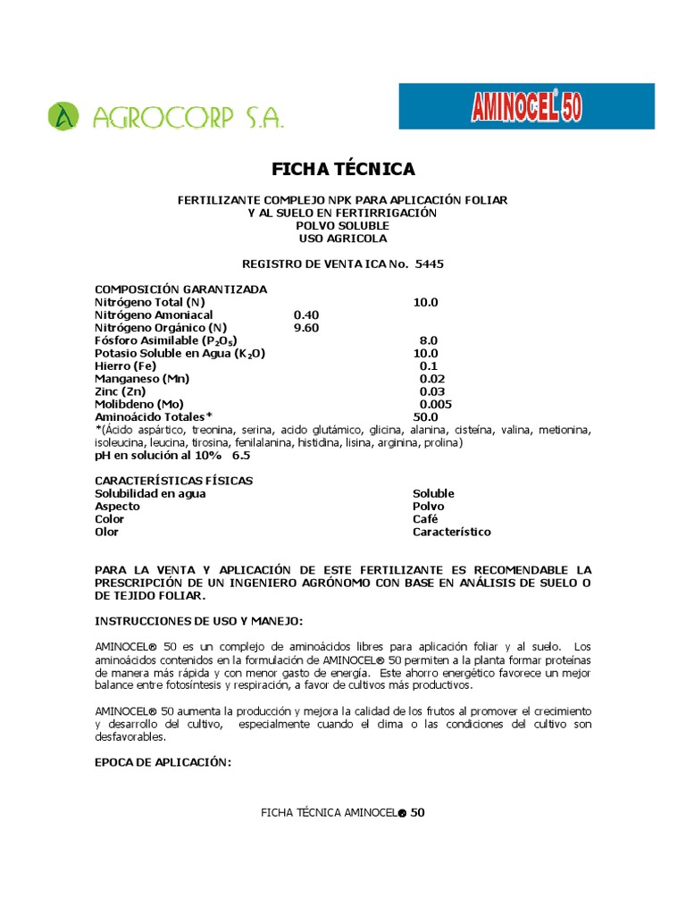 Ficha Técnica Aminocel 500 | PDF | Aminoácidos | Fertilizante