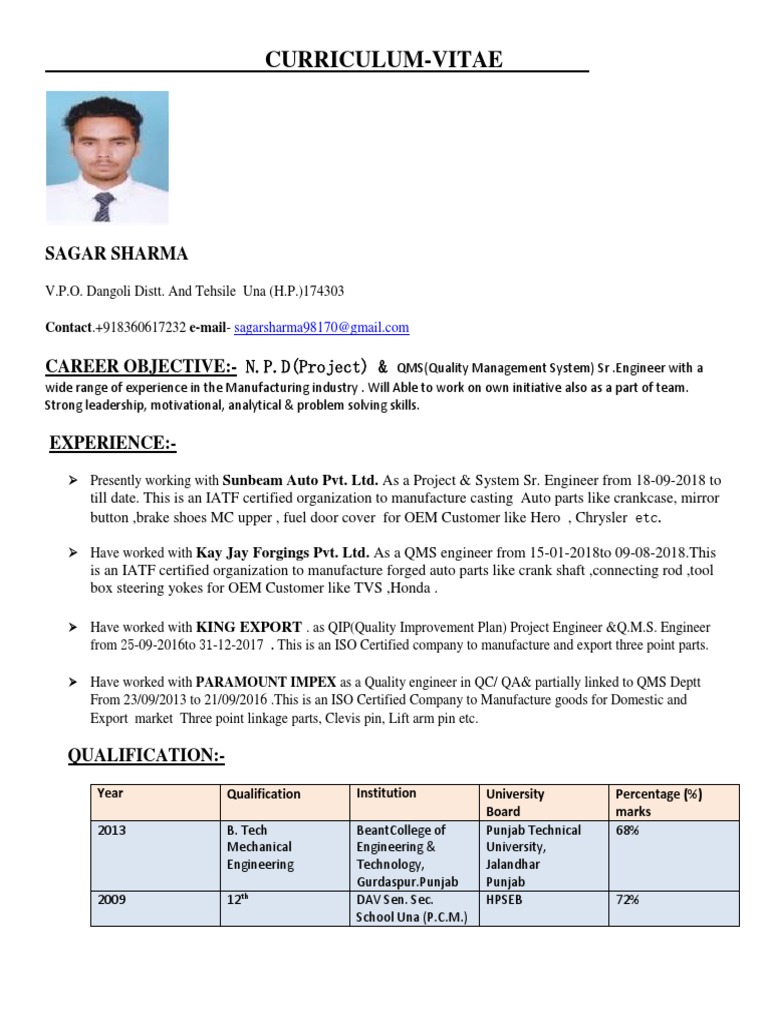 Curriculum-Vitae: Sagar Sharma | PDF | Audit | Quality Management