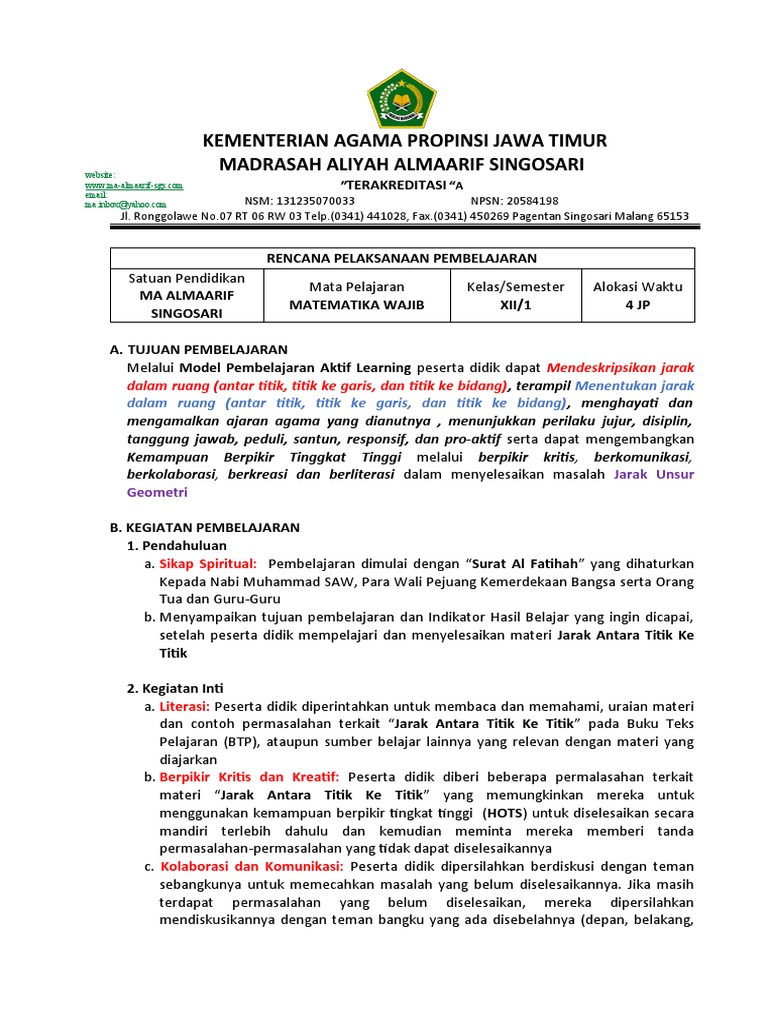 Template RPP 1 Lembar - Model Pembelajaran Aktif Learning | PDF