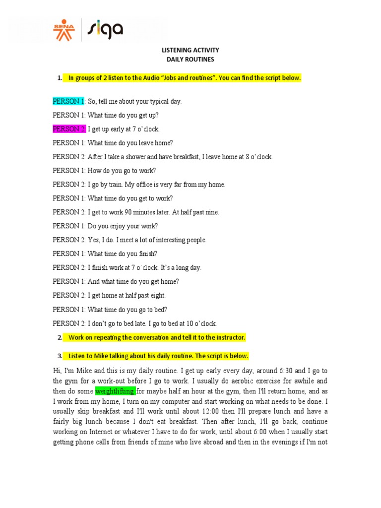 Listening Activity - Daily Routine | PDF