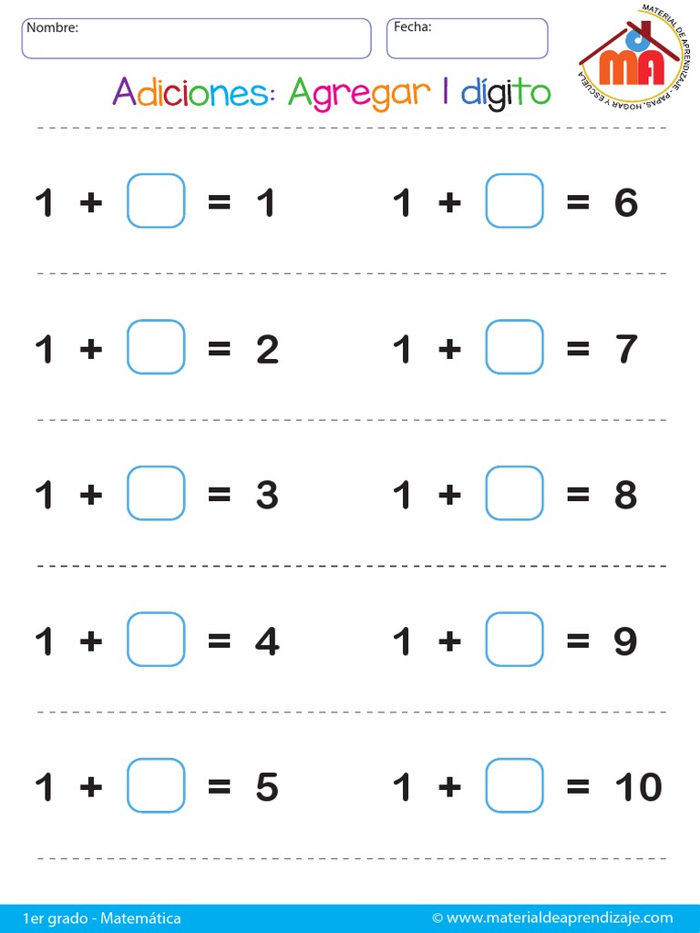 001 Sumas 1er Grado Agregar 1 Dígito Fácil PDF | PDF | Enseñanza de ...