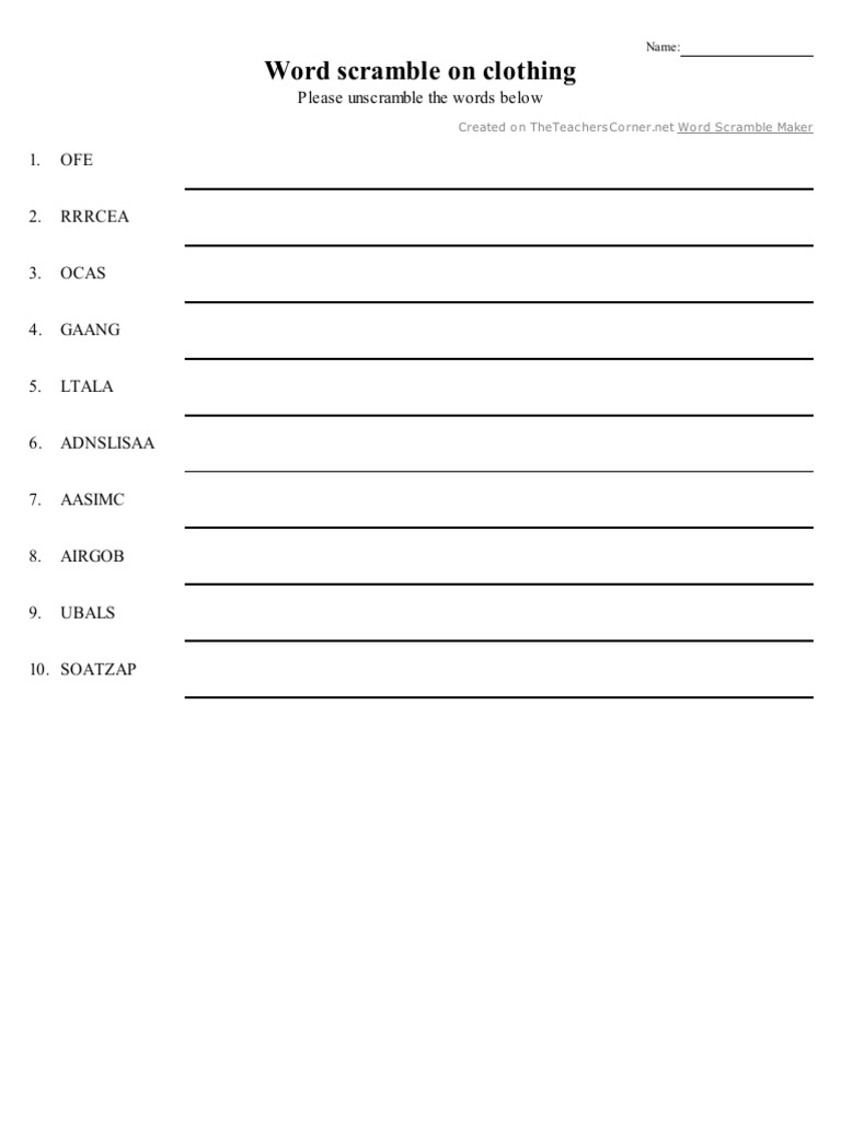Word Scramble: Clothing Terms | PDF