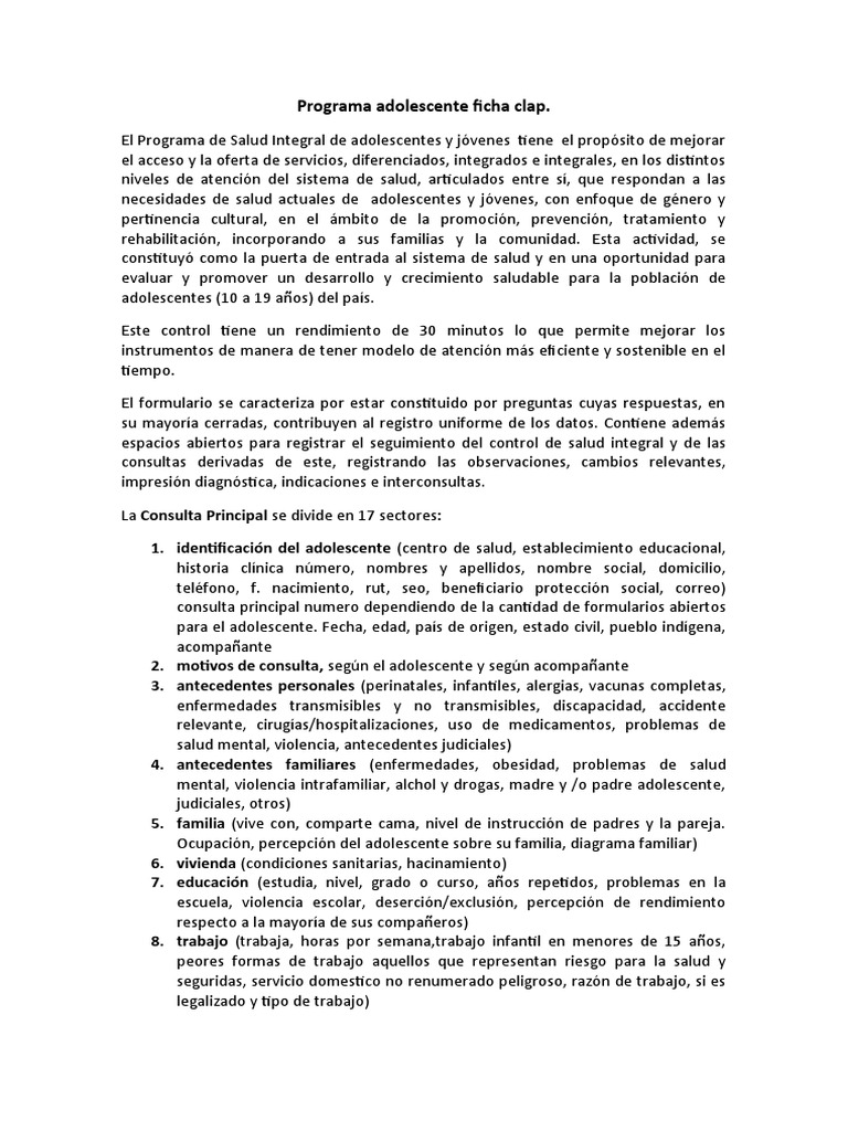 Programa Adolescente Ficha Clap | PDF | Adolescencia | La sexualidad humana