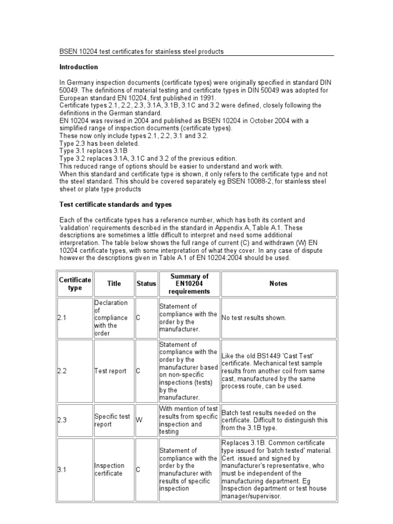 BS EN 10204 Test Certificates | PDF
