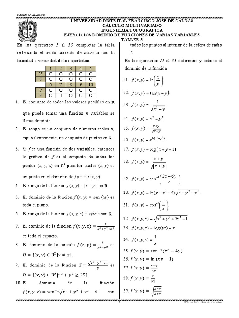 Taller 3 Dominio de Funciones de Varias Variables | PDF | Función ...
