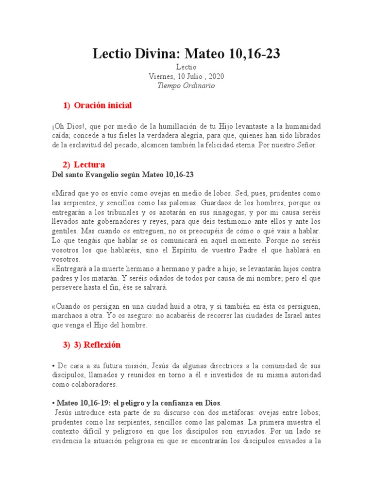 Lectio Divina Mateo 10,16-23 | PDF | Jesús | Dios
