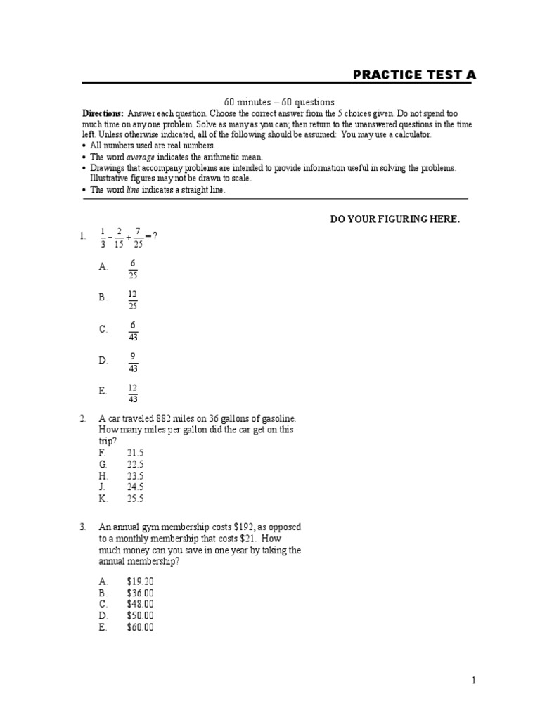 Practice Test A: 60 Minutes - 60 Questions | PDF | Area | Fahrenheit