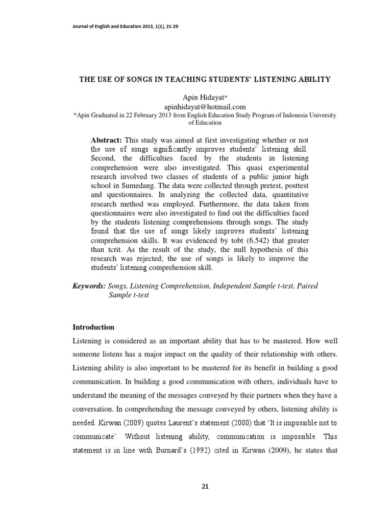 EN The Use of Songs in Teaching Students Li PDF | PDF | Student's T ...