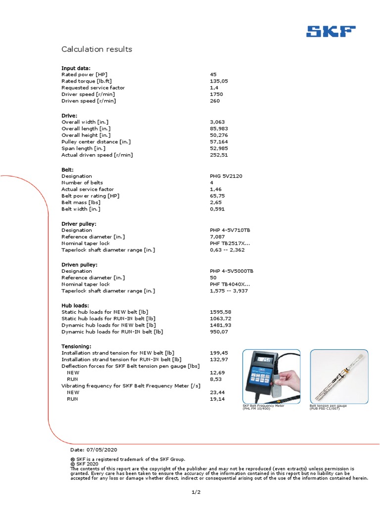 Calculation Results: SKF Belt Frequency Meter (PHL FM 10/400) Belt ...