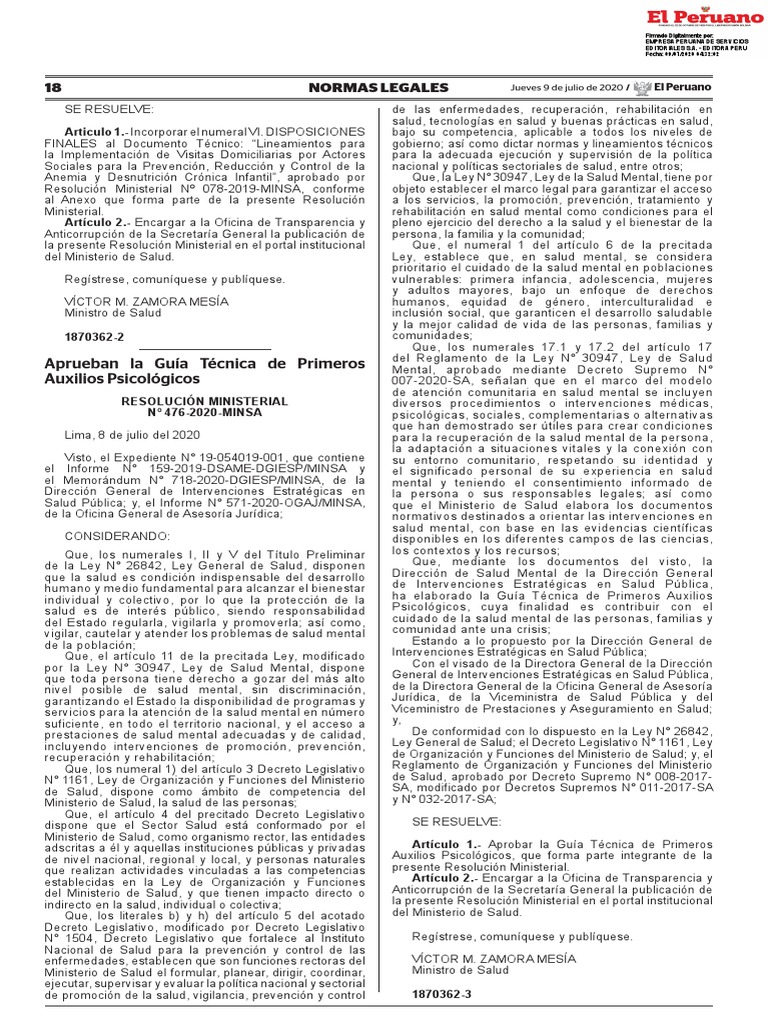 RM 476 2020 MINSA Primeros Auxilios Psicológicos | PDF | Salud mental | Esfera pública