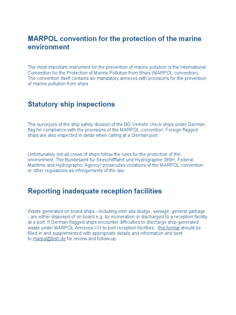 MARPOL Convention For The Protection of The Marine Environment | PDF