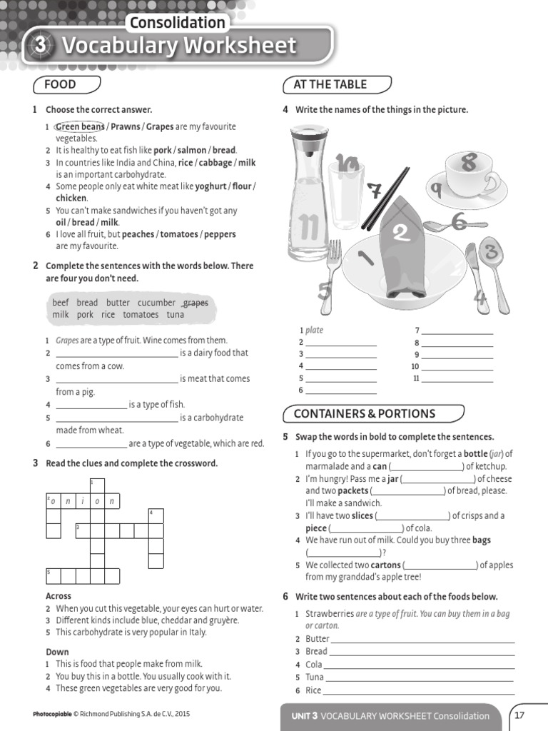 Vocabulary Worksheet: Food at The Table | PDF | Breads | Milk