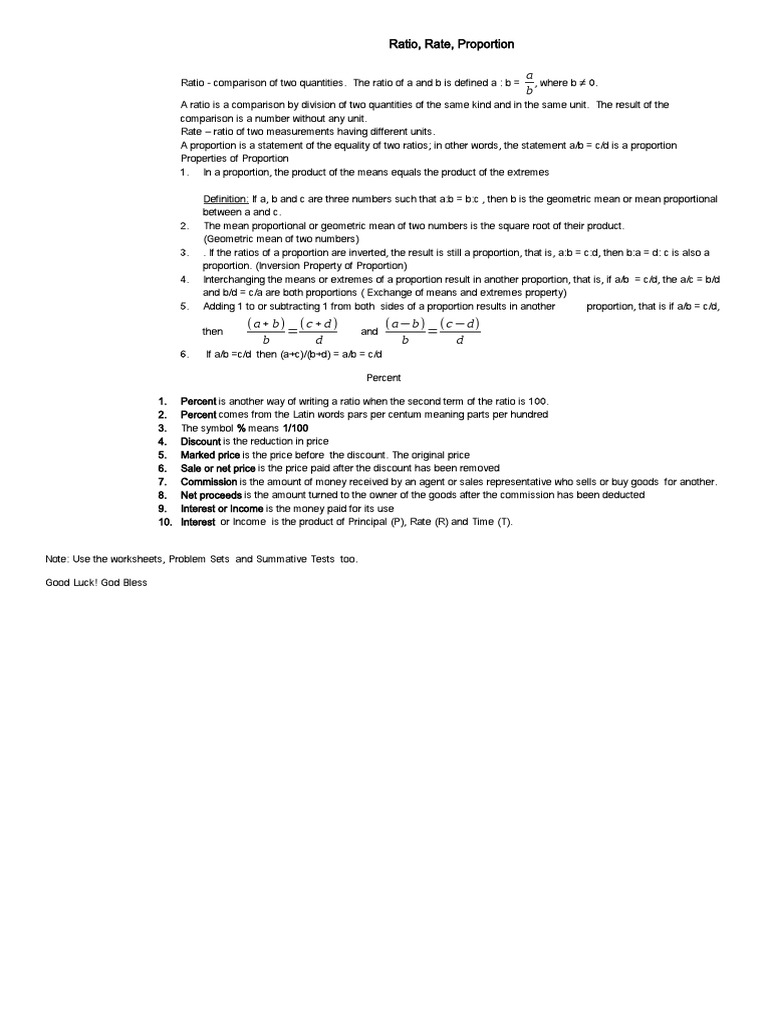 Ratio Rate Proportion and Percent | PDF | Ratio | Prices