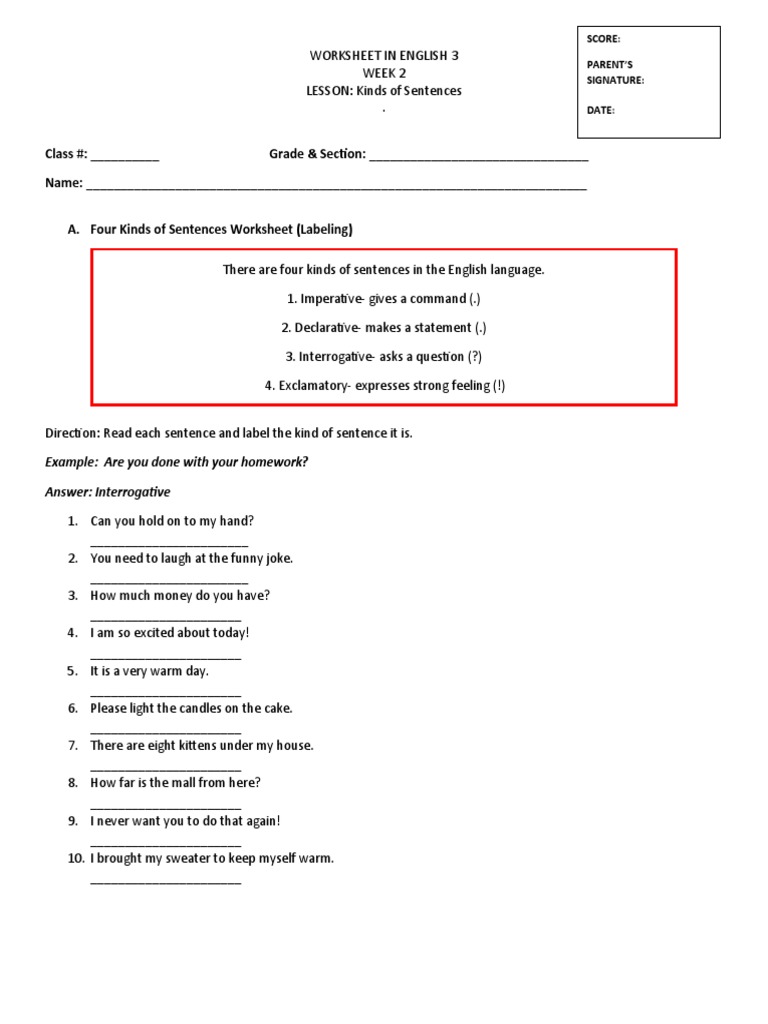 Grade 3 Kinds of Sentences Worksheet | PDF | Question | Semiotics