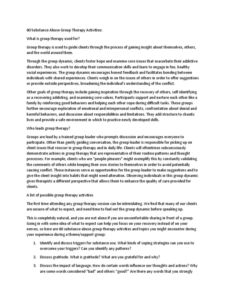 60 Substance Abuse Group Therapy Activities | PDF | Group Psychotherapy ...