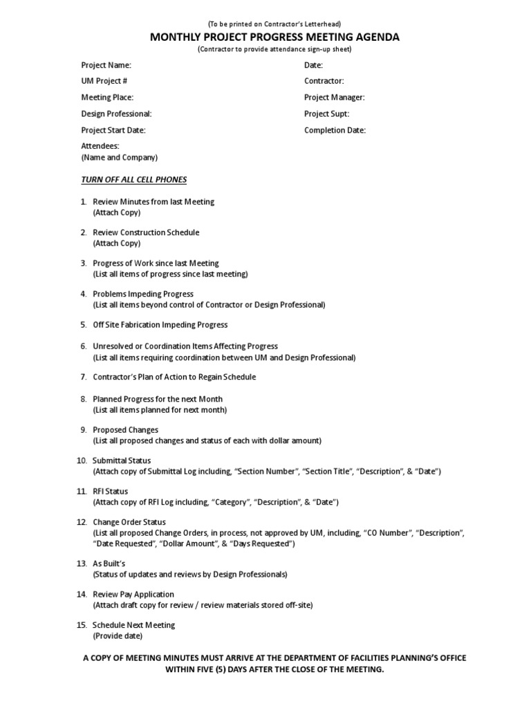 Monthly Project Progress Meeting Agenda: Turn Off All Cell Phones | PDF