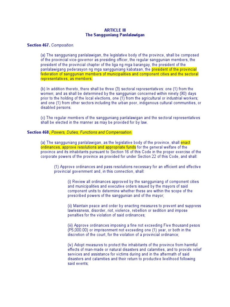 Article Iii The Sangguniang Panlalawigan Section 467. Composition | PDF ...