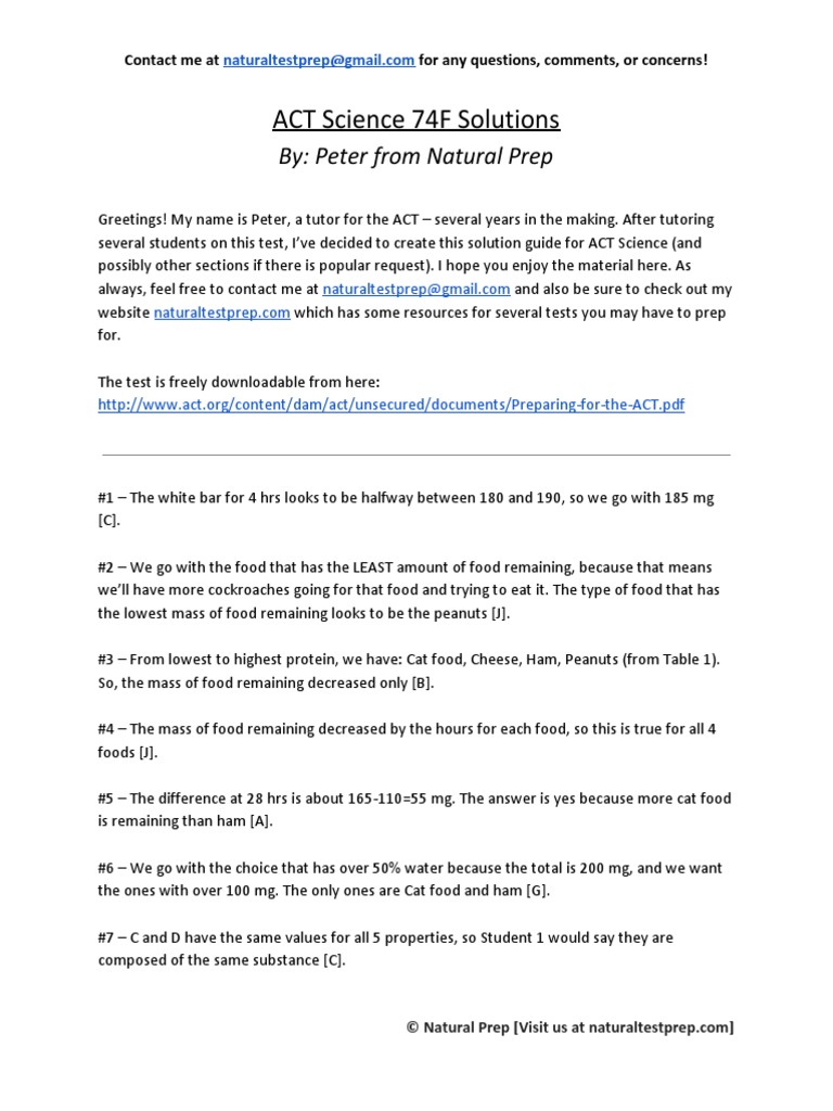 ACT Science 74F Solutions | PDF | Density | Gases