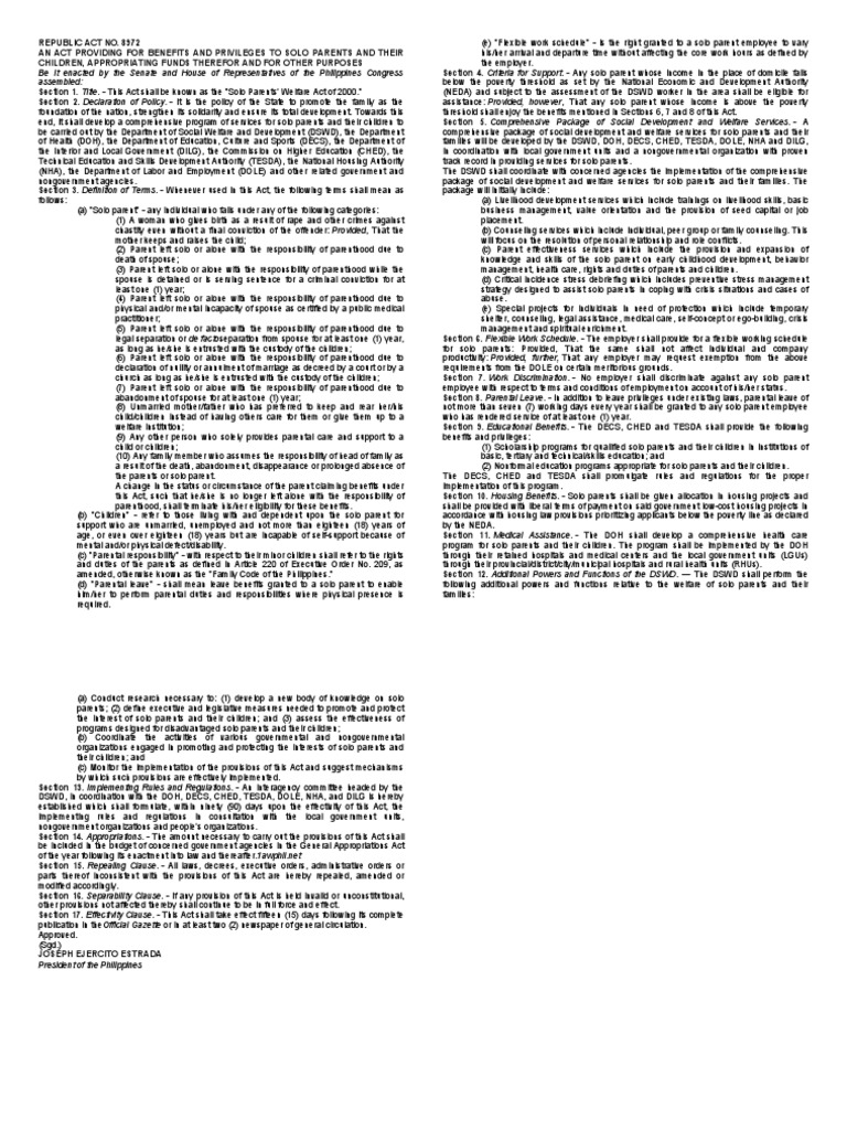 RA 8972 The Solo Parents Welfare Act | PDF | Welfare | Parenting
