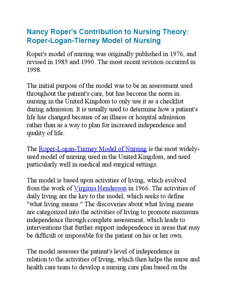 Nancy Roper's Contribution To Nursing Theory: Roper-Logan-Tierney Model ...