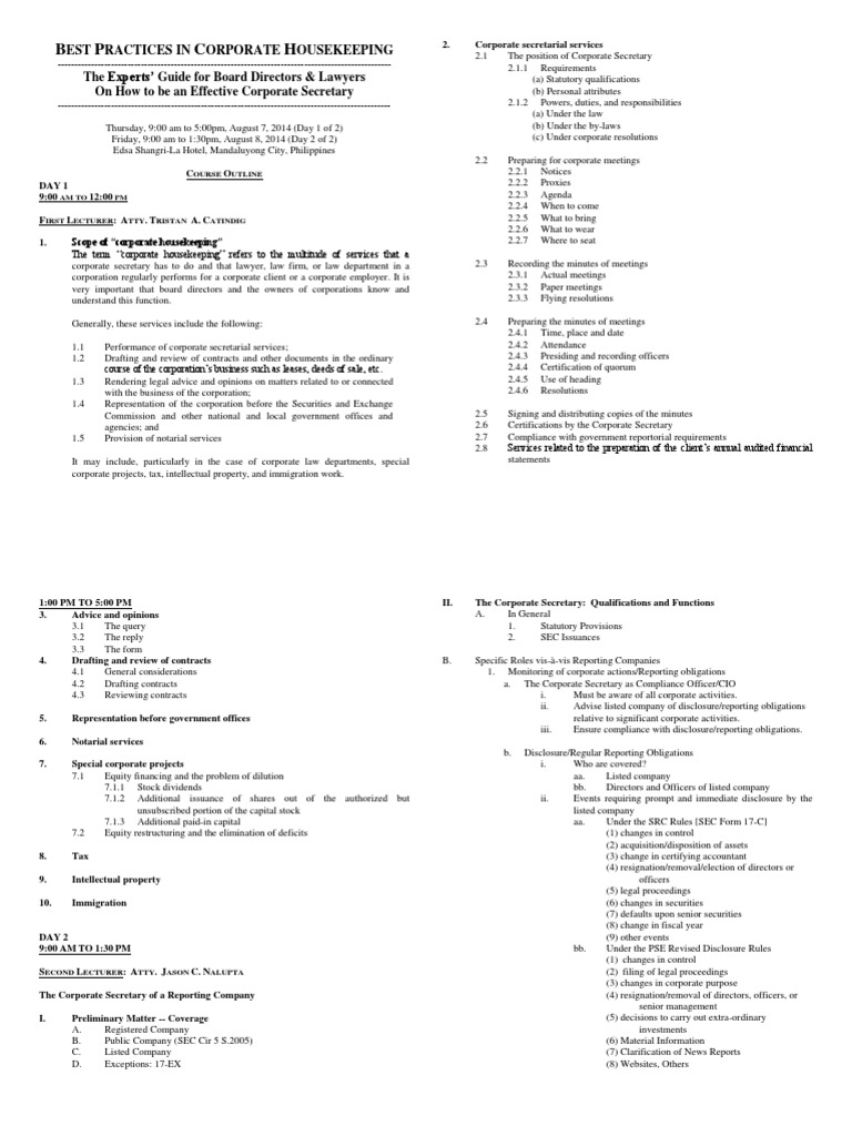 Course-Outline-Corporate Housekeeping PDF | PDF | Regulatory Compliance ...