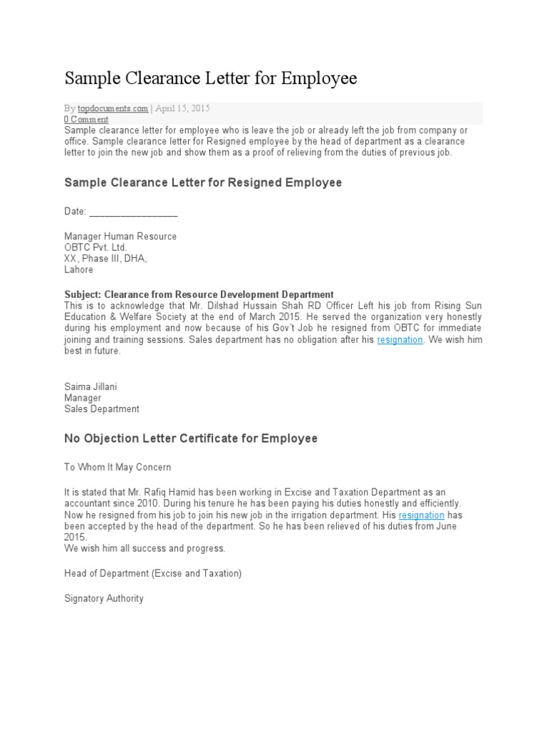 Sample Clearance Letter For Employee | PDF