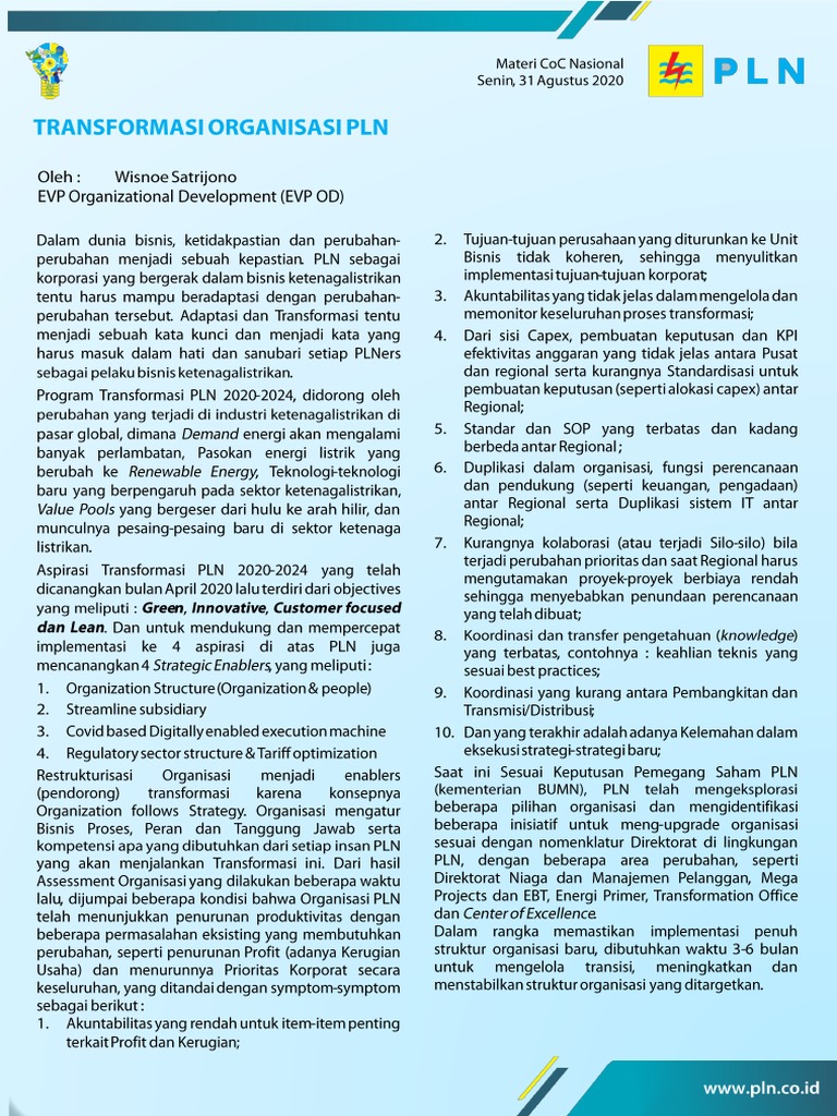 Materi CoC Nasional - 31082020 - Transformasi Organisasi PLN | PDF