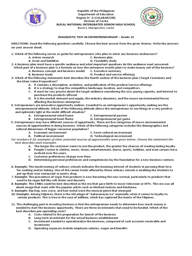 Diagnostic Test Entrep | PDF | Entrepreneurship | Balance Sheet