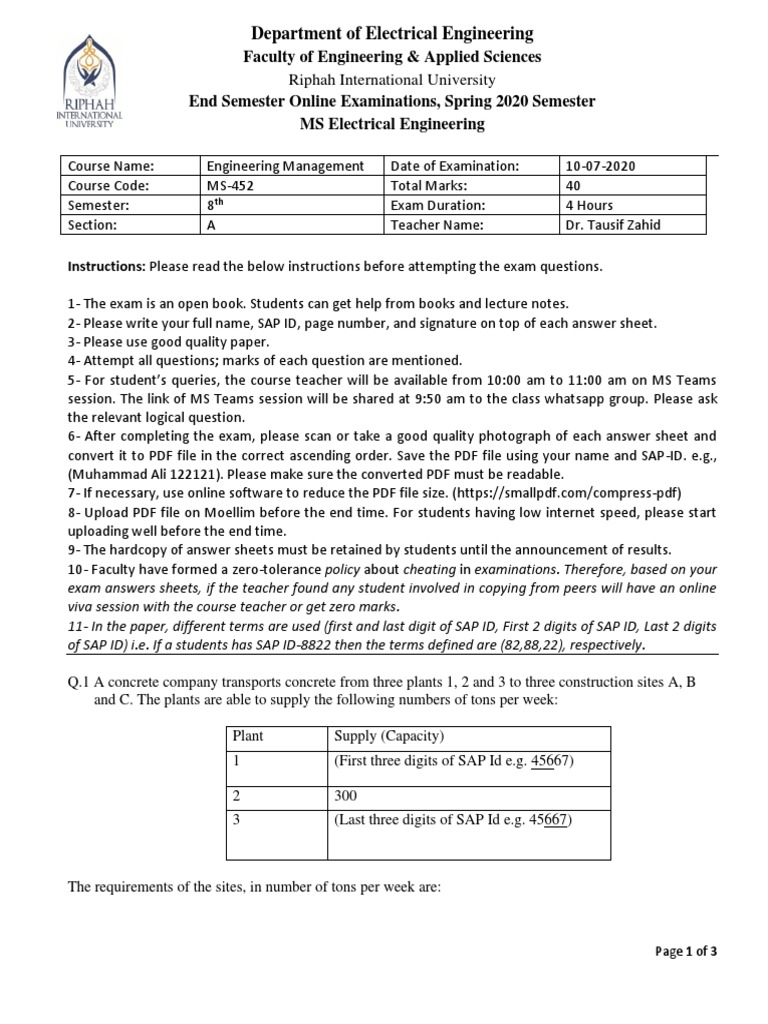 Department of Electrical Engineering | PDF | Linear Programming | Test ...
