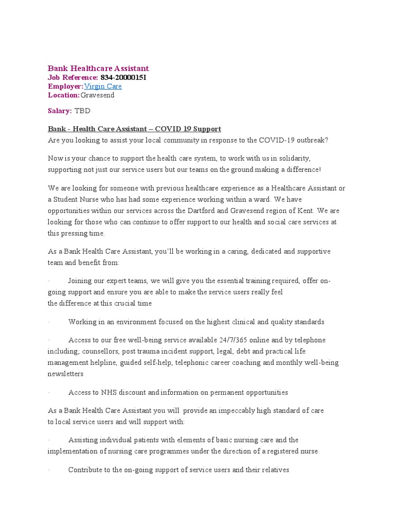 Bank Healthcare Assistant | PDF | Health Care | Nursing