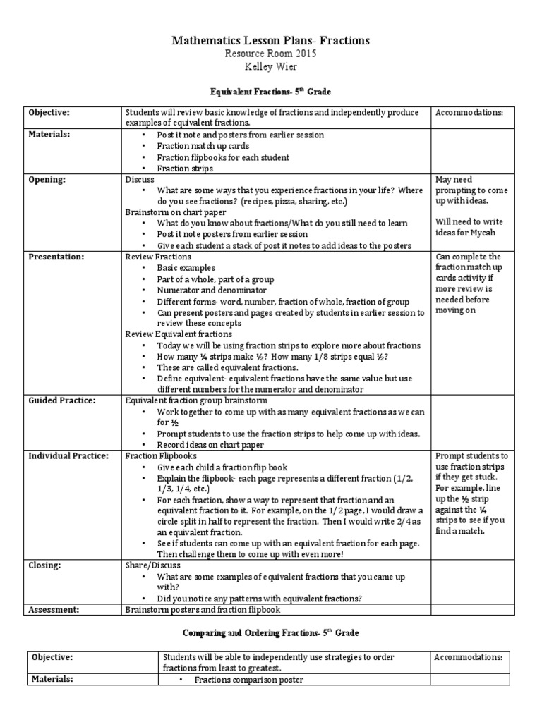 5th Grade Fractions Lesson Plan | PDF | Fraction (Mathematics) | Pedagogy