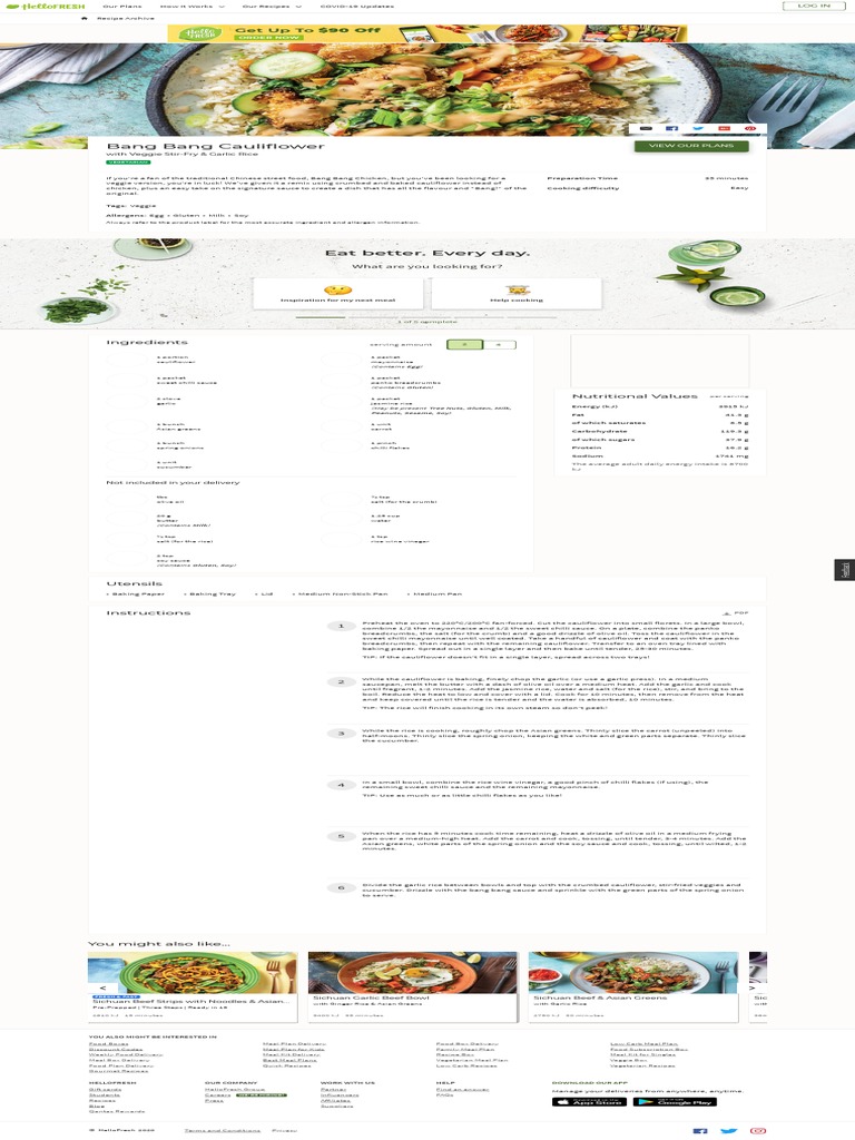 Bang Bang Cauliflower Recipe - HelloFresh PDF | PDF | Garlic | Cookware And Bakeware