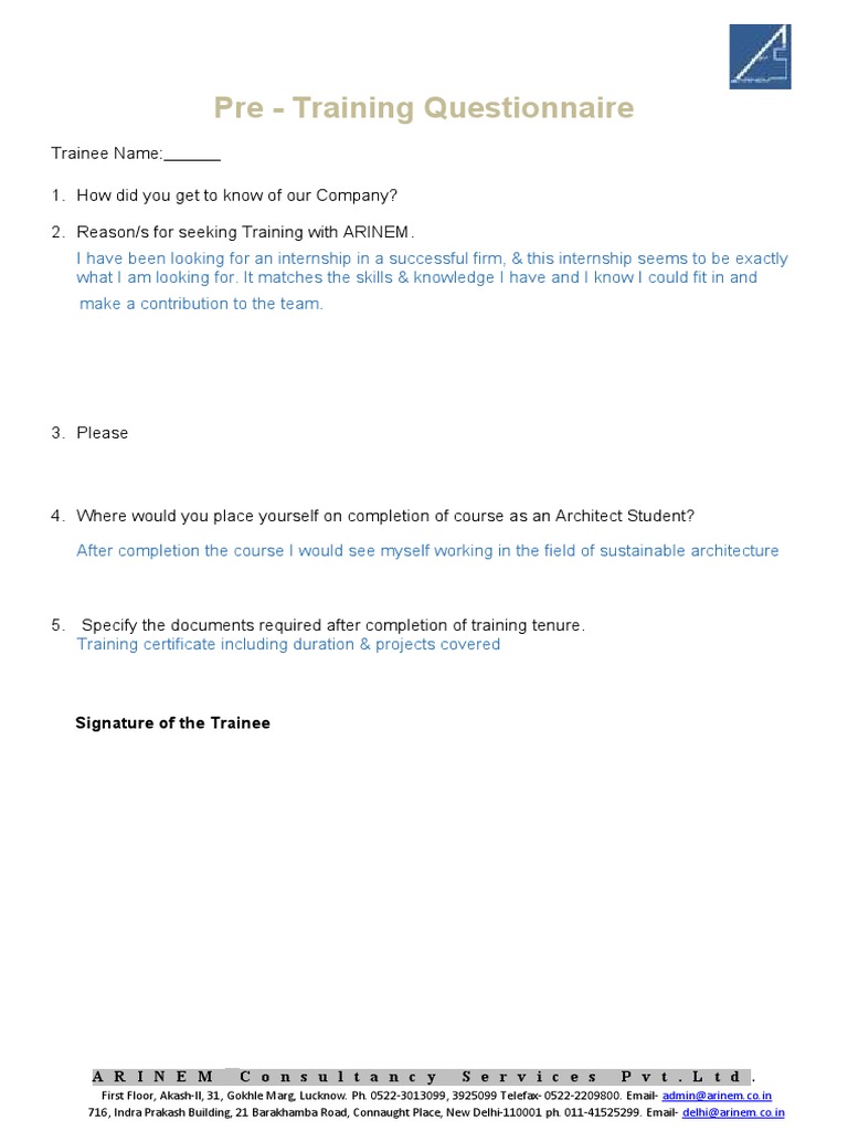 Pre Training Questionnaire | PDF | Career & Growth