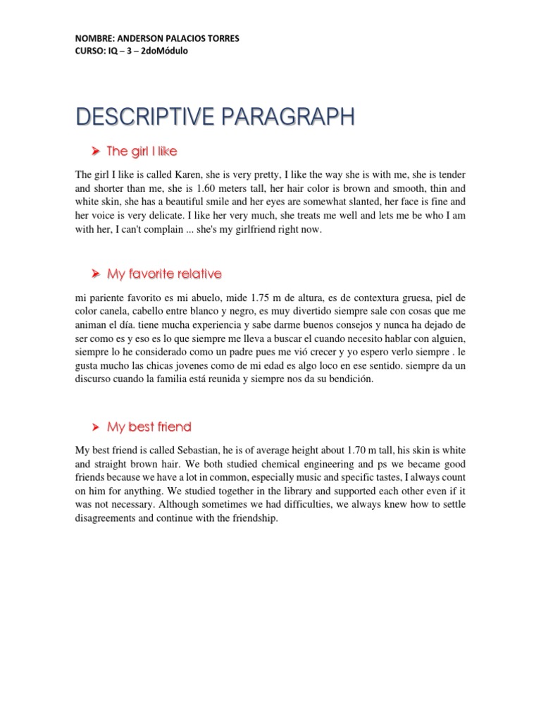 Descriptive Paragraph: The Girl I Like | PDF