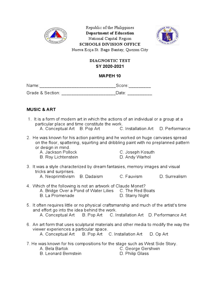 Grade 10 MAPEH Diagnostic Test | PDF | Abstract Art | Paintings