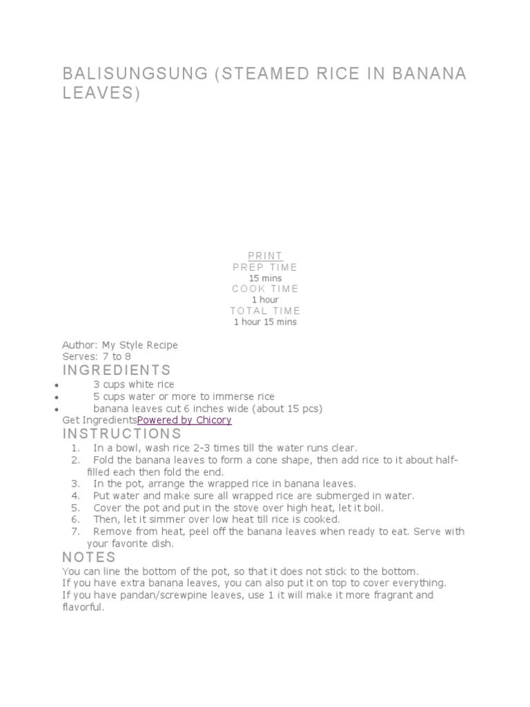 Balisungsung (Steamed Rice in Banana Leaves) : Ingredients | PDF