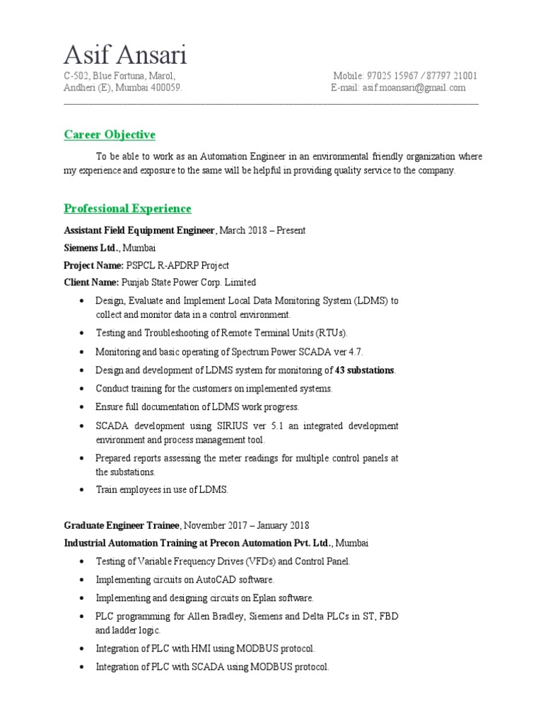 Asif Ansari: Career Objective | PDF | Programmable Logic Controller | Scada