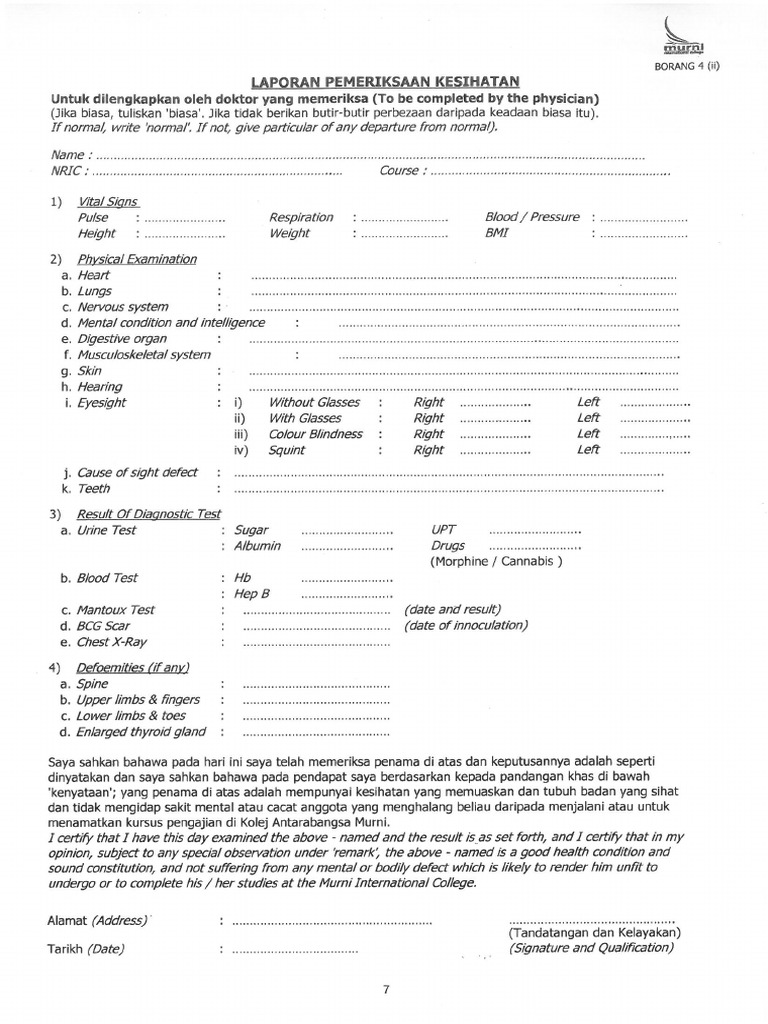 Borang Pemeriksaan Kesihatan PDF | PDF