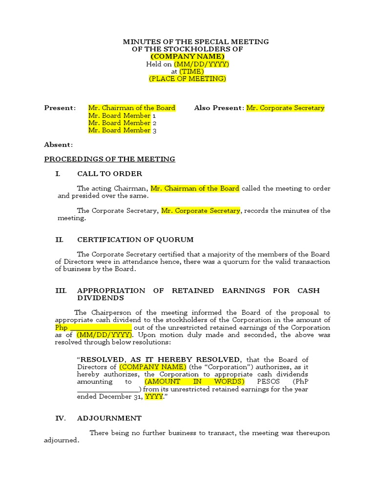 Board Resolution - Format - Appropriation of Cash Dividends | PDF ...