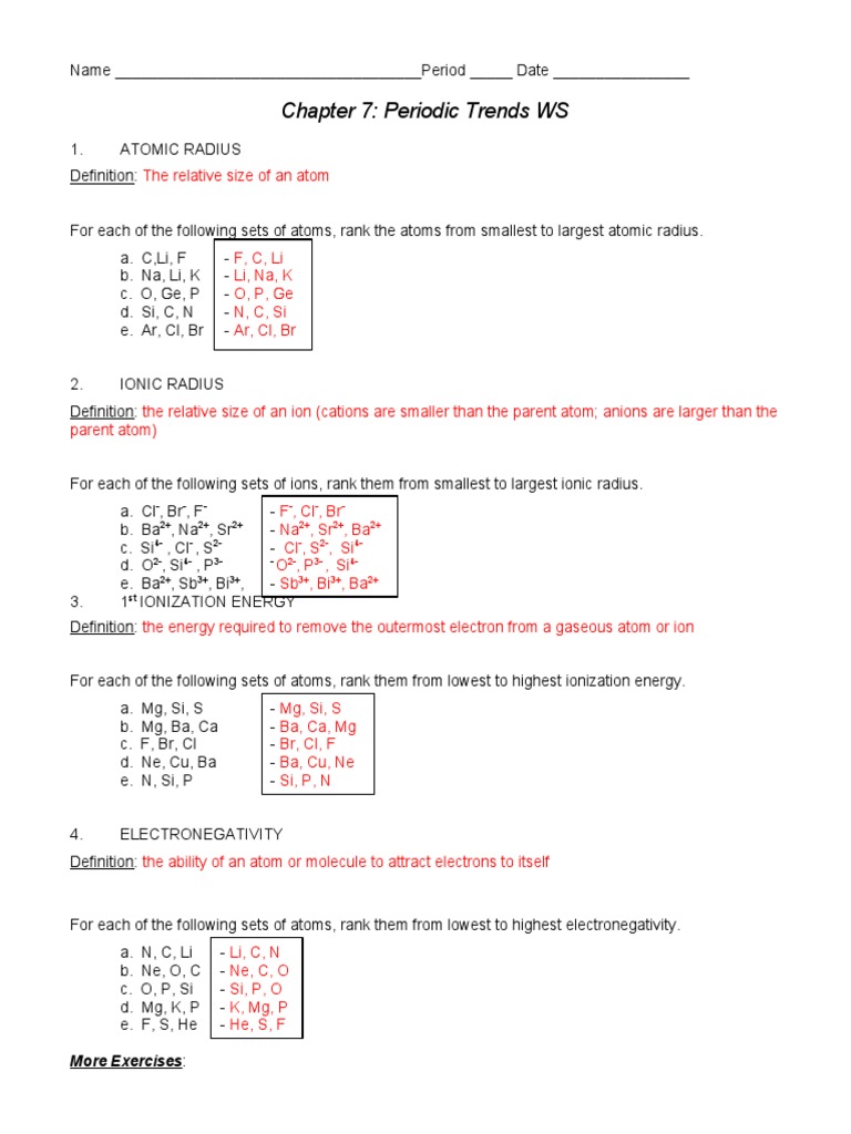 PeriodicTrends WS KEY1 | PDF | Ion | Ionic Bonding